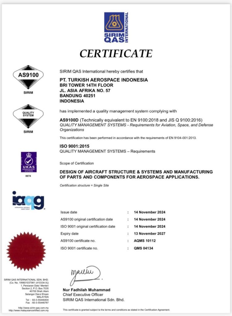 PT. Turkish Aerospace Indonesia Achieves AS9100D and ISO 9001:2015 Certifications – TAID